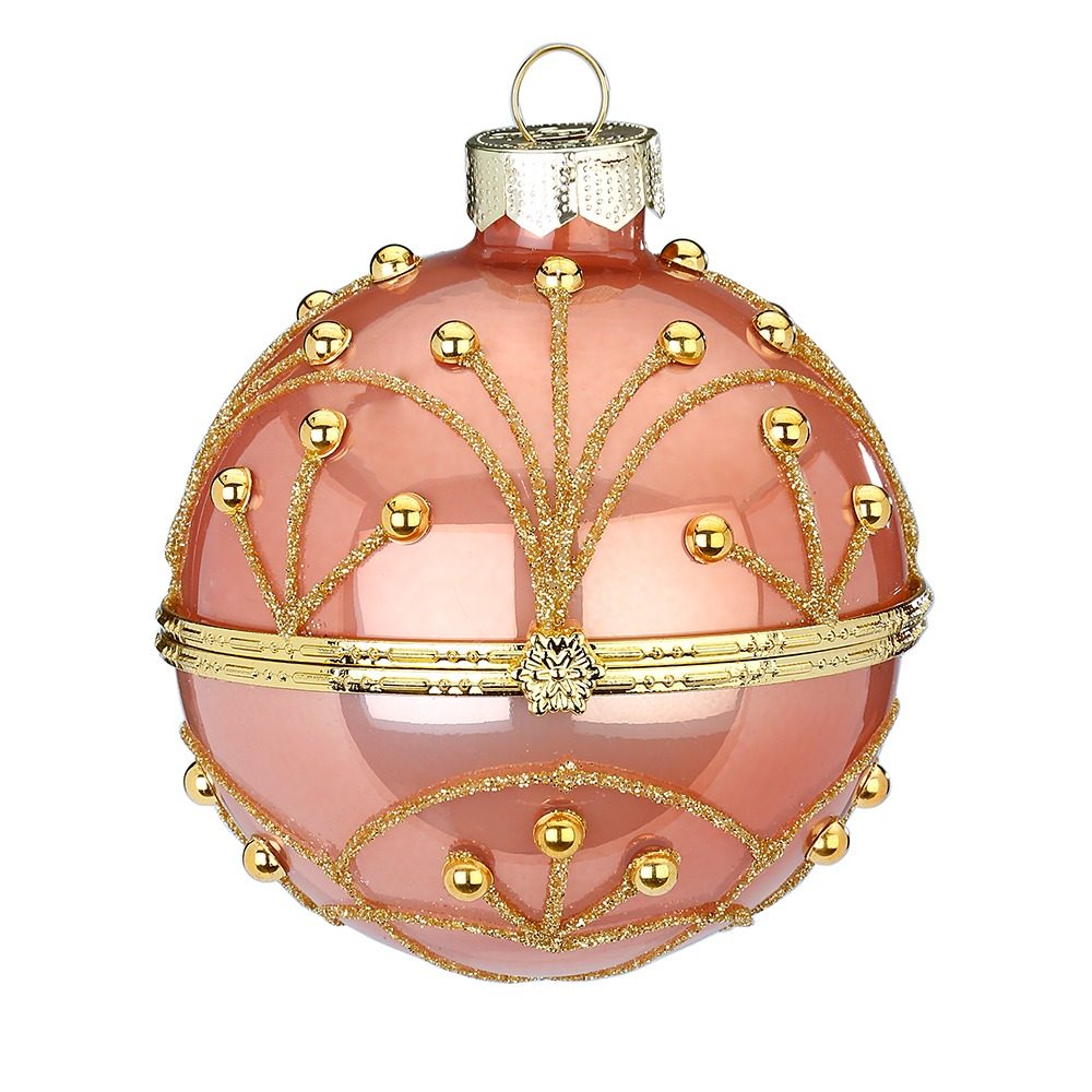 En elegant julekule i rosa og gull, med rom for gave. - Laura Ashley